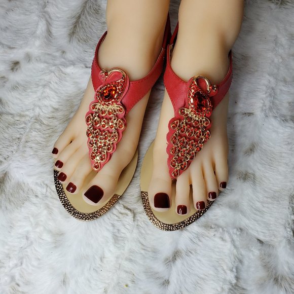 SilverDew | Shoes | Red Rhinestone Peacock Toe Strap Sandals | Poshmark